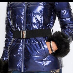 VENUS | Jackets & Coats | Venus Metallic Navy Furlined Puffer Coat Size ...